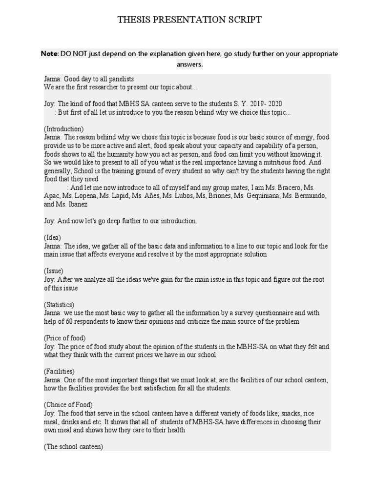 Thesis Presentation Script | PDF | Junk Food | Cafeteria