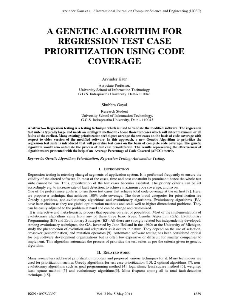 A Genetic Algorithm For Regression Test Case Prioritization Using Code Coverage Pdf Genetic
