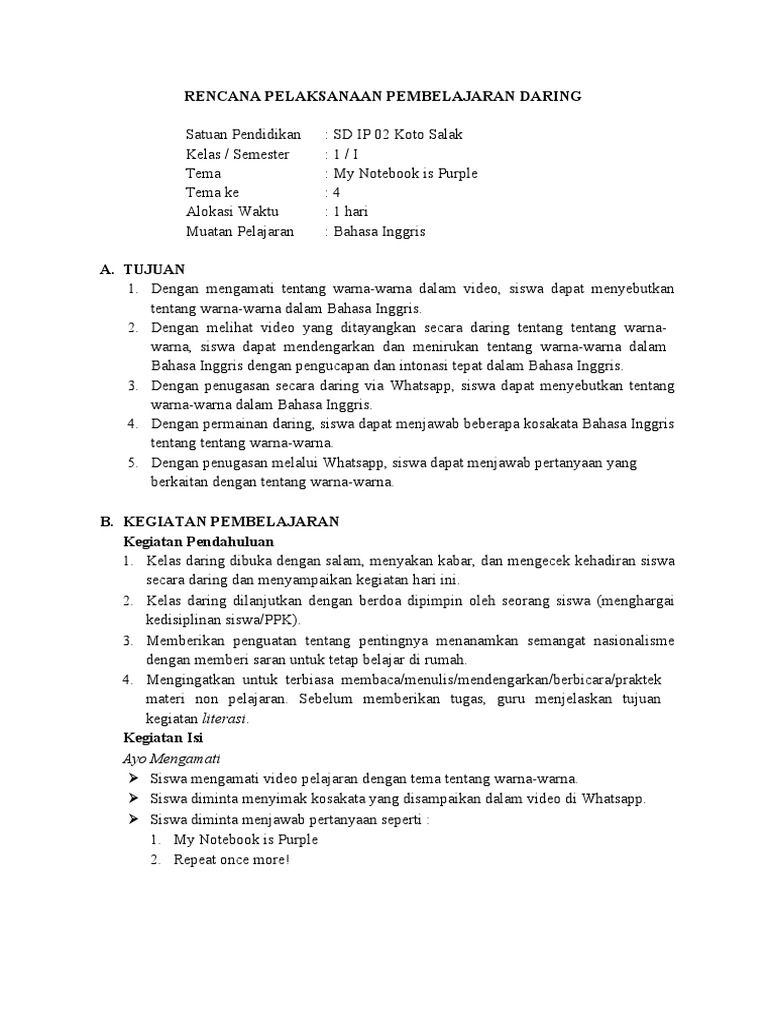 RPP Bing Kelas 1 SD Tema 4 | PDF