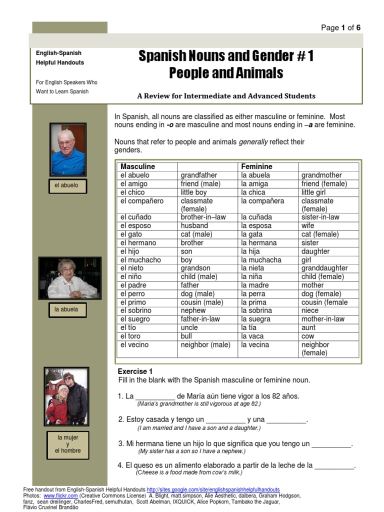 Spanish Nouns and Gender #1 - People and Animals - A Review For ...