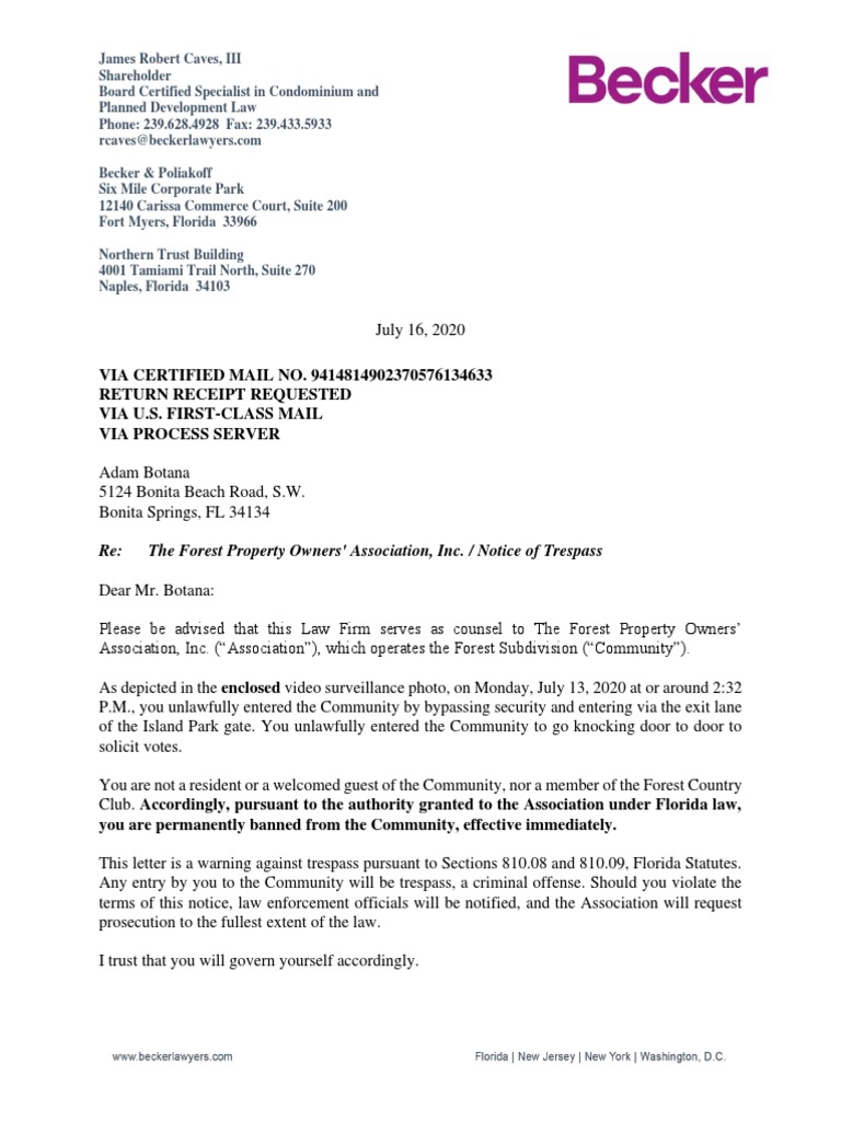 CFC Re Notice of Trespass (Adam Botana) - The Forest POA (3820) | PDF