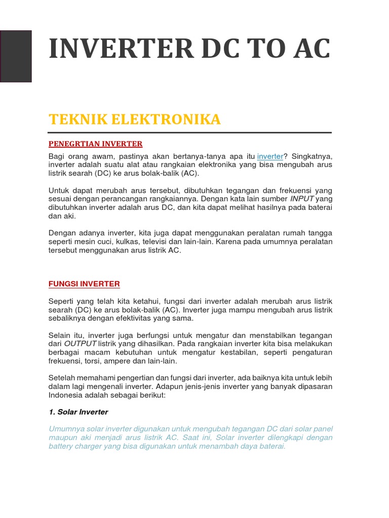 MENGUBAH ARUS DC MENJADI AC: PENGERTIAN DAN KOMPONEN UTAMA INVERTER | PDF
