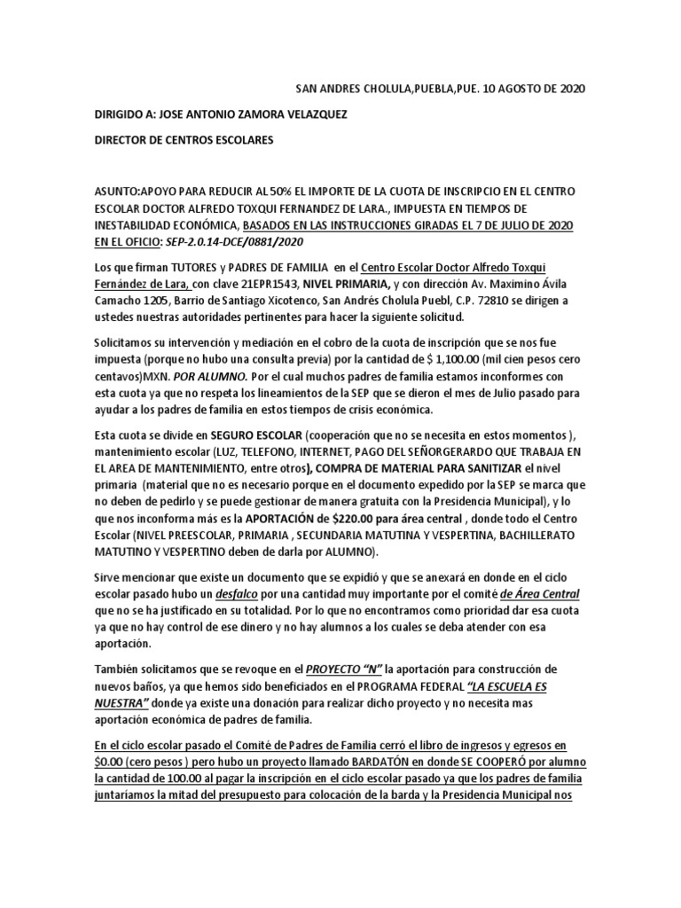 CEDAT San Andrés Cholula - Escrito para Director de Centros Escolares ...