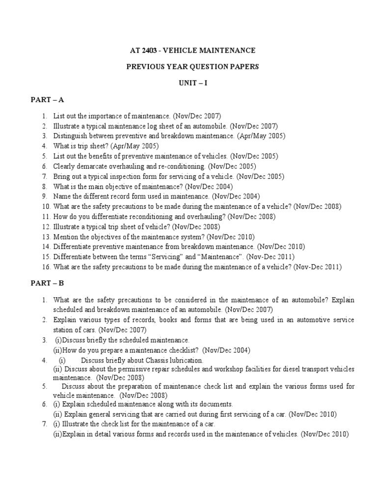 Automobile Maintenance - Question Bank | PDF | Clutch | Ignition System