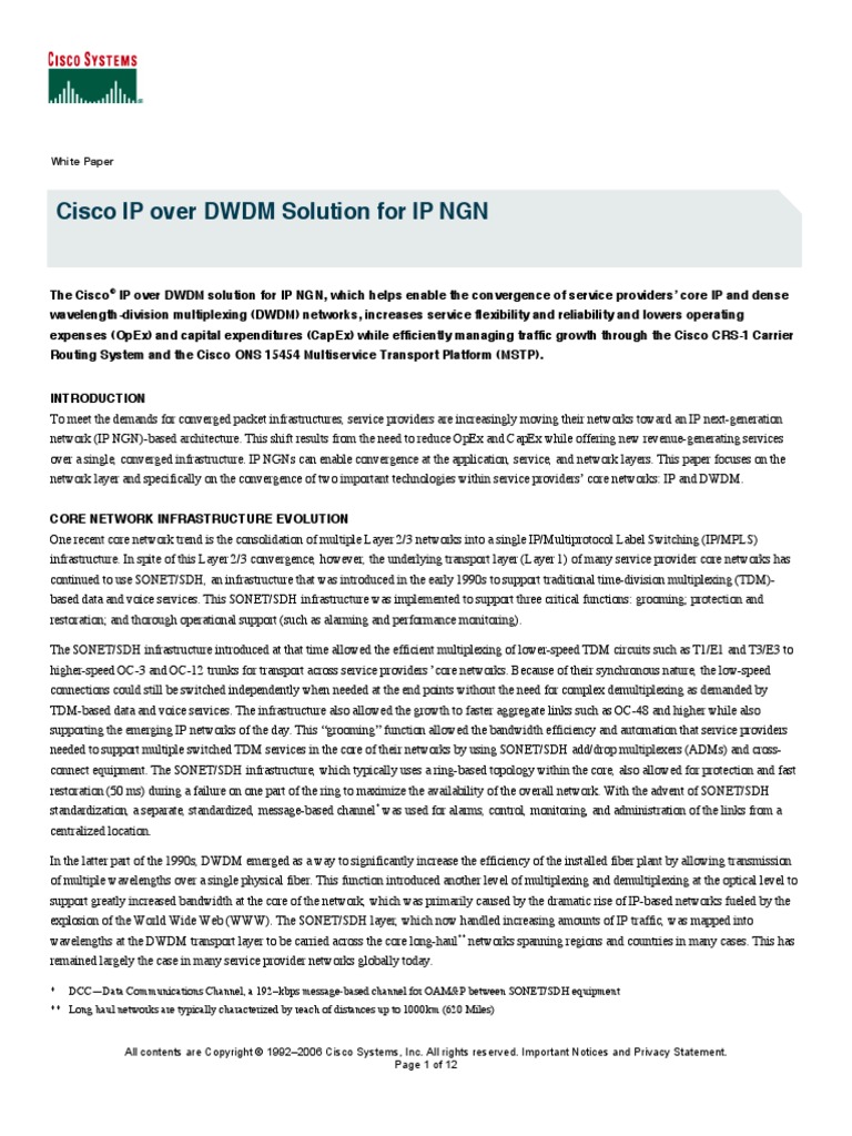 Cisco IP Over DWDM Solution For IP NGN: White Paper | PDF | Wavelength ... Cisco IP Over DWDM Solution For IP NGN: White Paper | PDF | Wavelength ...