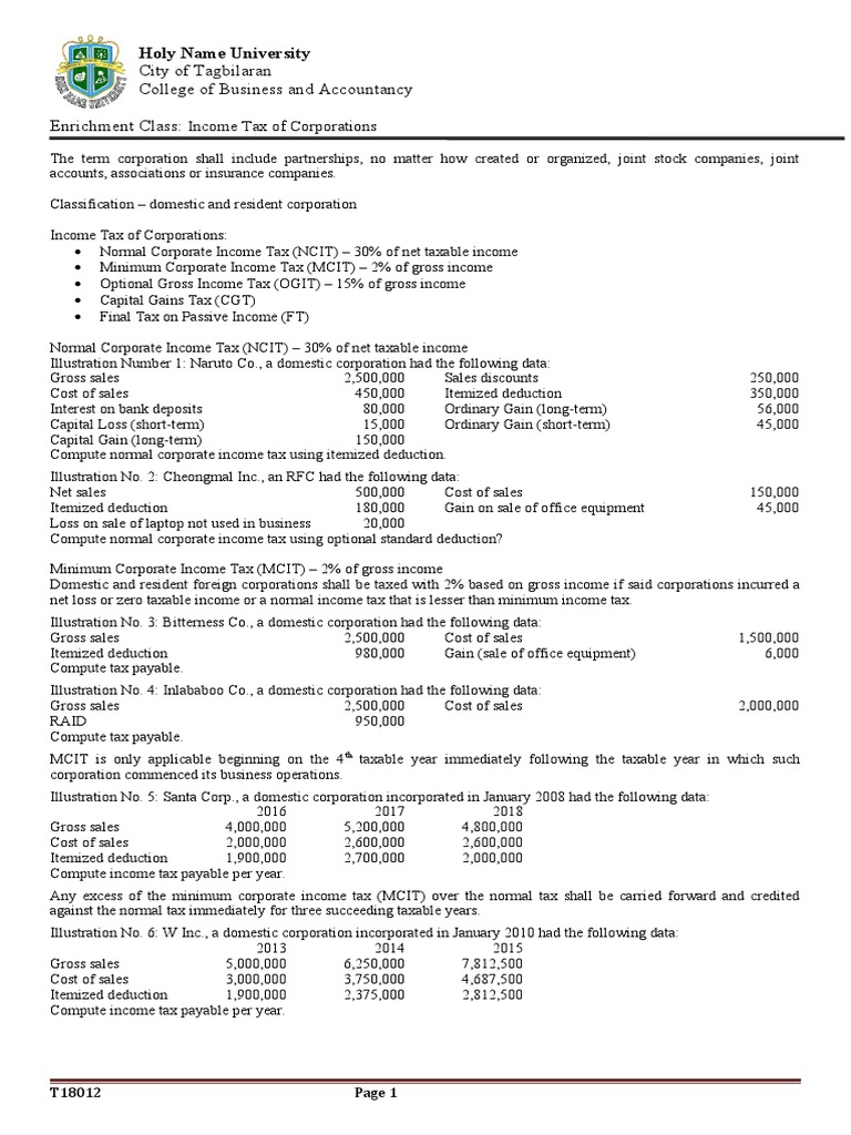 Income Tax Guidelines for Corporations | PDF | Tax Deduction | Gross Income