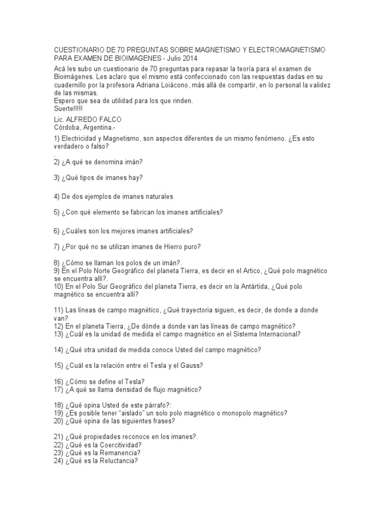 CUESTIONARIO DE 70 PREGUNTAS SOBRE MAGNETISMO Y ELECTROMAGNETISMO.docx | Imán | Campo magnético
