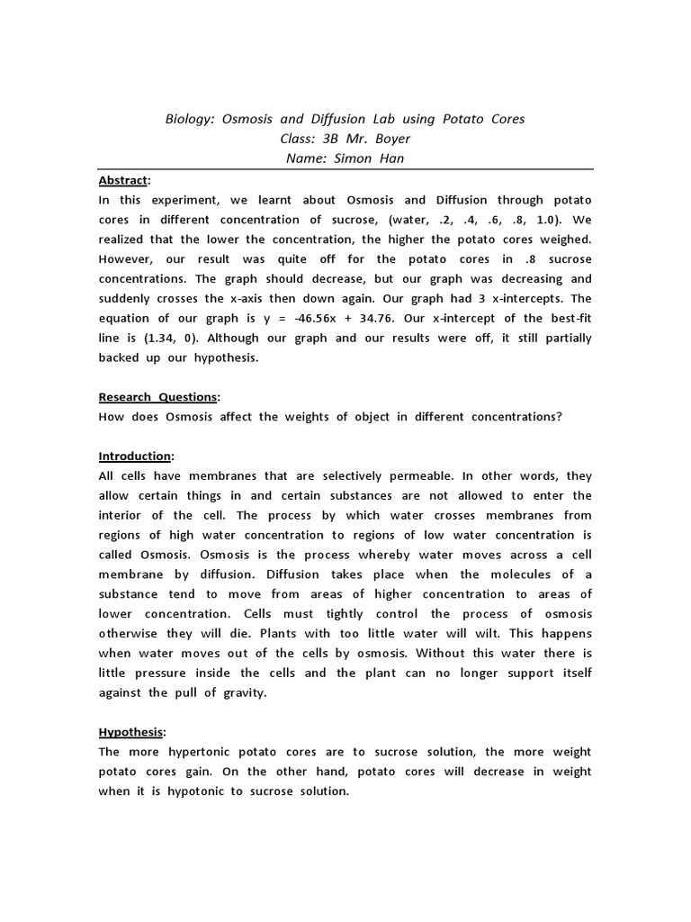 Biology: Osmosis and Diffusion Lab Using Potato Cores Class: 3B Mr ...