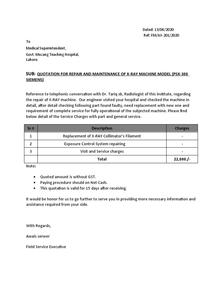 X-Ray Machine Repair Quotation PSX-300 | PDF