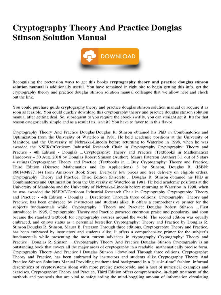 Cryptography Theory and Practice Douglas Stinson Solution Manual | PDF ...