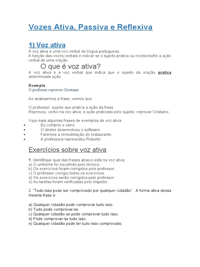 Vozes Ativa, Passiva e Reflexiva | PDF | Assunto (gramática) | Relações ...