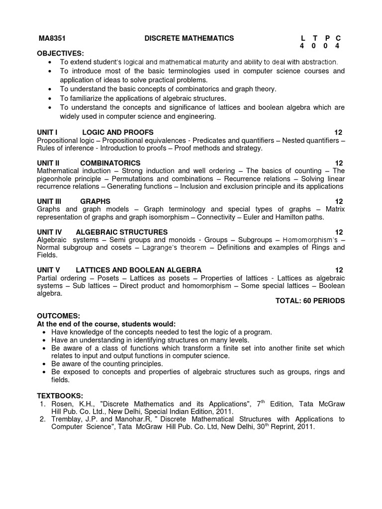 MA8351 DISCRETE MATHEMATICS Syllabus | PDF | Group (Mathematics) | Discrete Mathematics