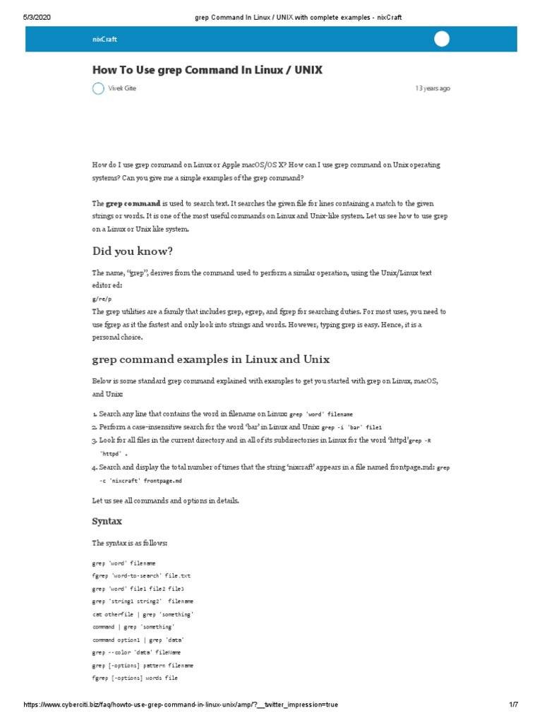 Grep Command in Linux - UNIX With Complete Examples - Nixcraft | PDF | Filename | Utility Software