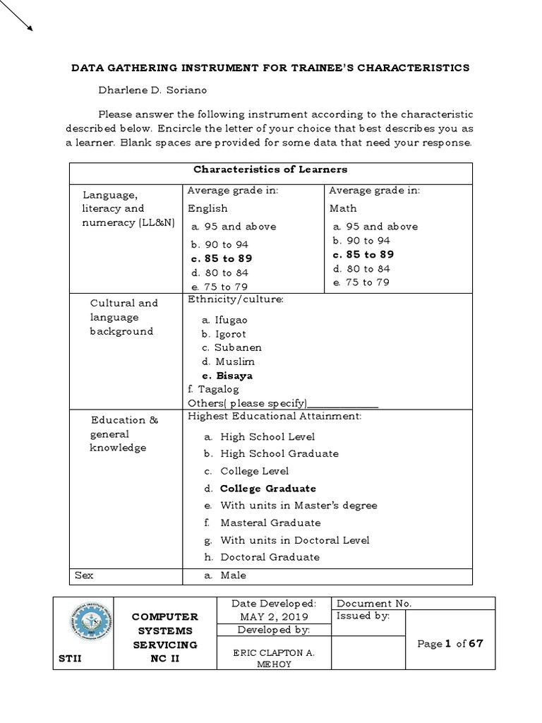 Data Gathering Instrument For Trainee'S Characteristics: Eric Clapton A ...
