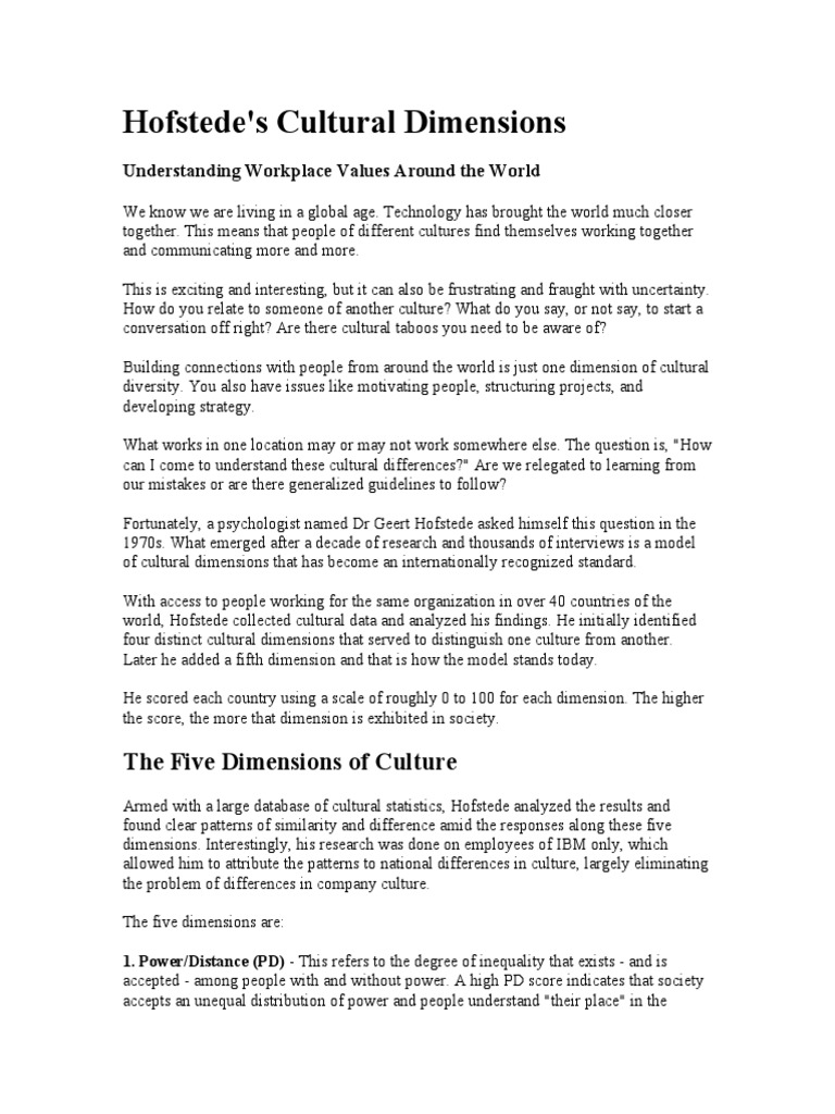 Hofstede's Cultural Dimensions: The Five Dimensions of Culture | PDF ...