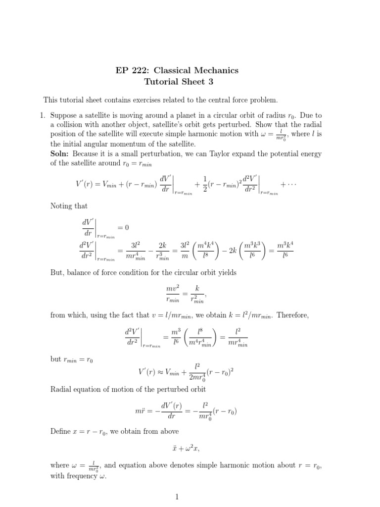 EP 222: Classical Mechanics Tutorial Sheet 3 | PDF | Orbit | Apsis