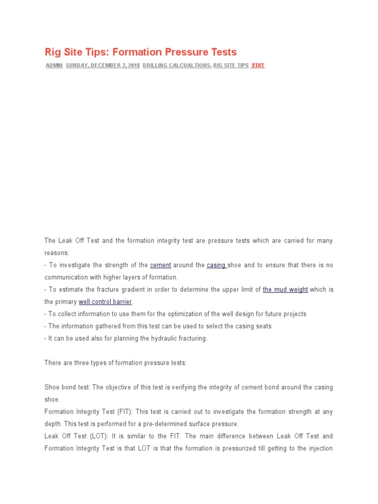 Rig Site Tips: Formation Pressure Tests | PDF | Casing (Borehole ...