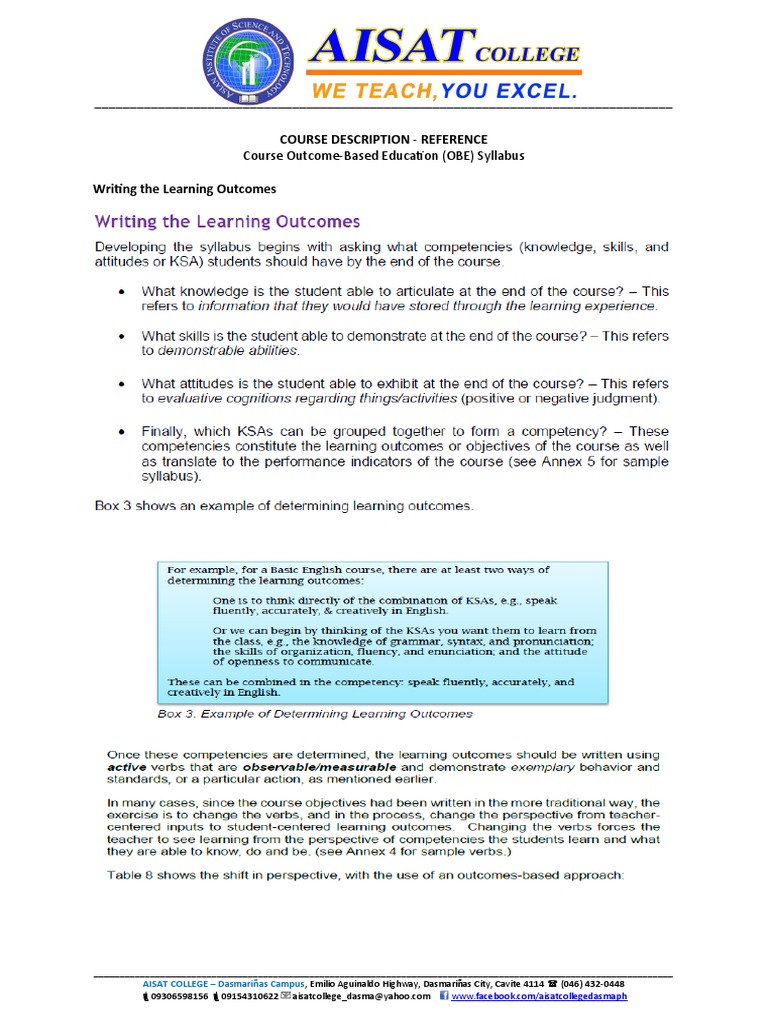 OBE Syllabus Learning Outcomes | PDF OBE Syllabus Learning Outcomes | PDF