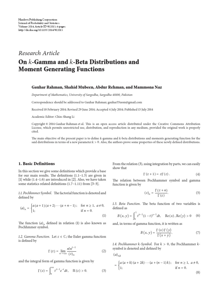 On K Gamma and K Beta Distributions and Moment Generating Functions ...