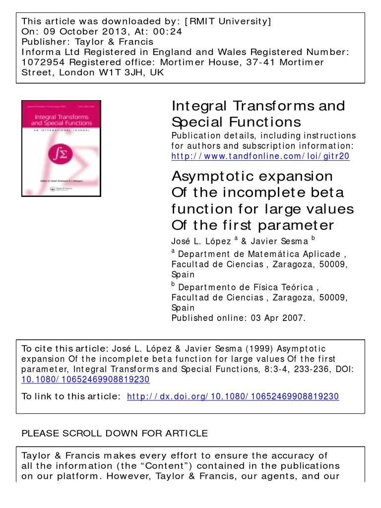 Fdocuments - in - Asymptotic Expansion of The Incomplete Beta Function For Large Values of The ...