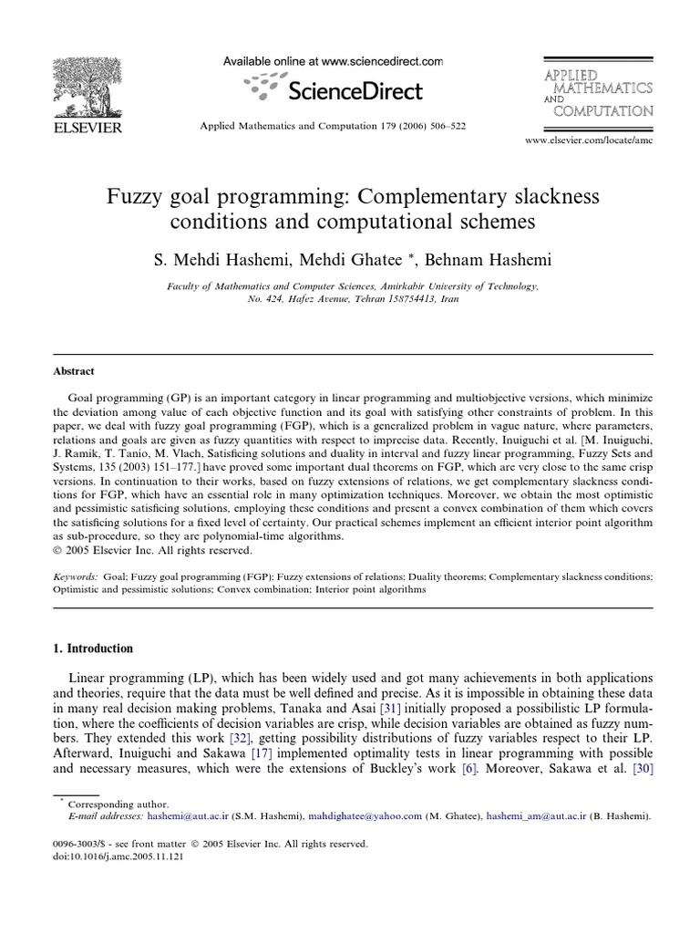Fuzzy Goal Programming Complementary Sla Pdf Pdf Linear Programming Mathematical Optimization