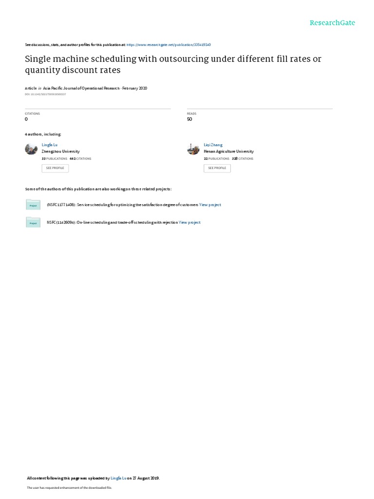 Single Machine Scheduling With Outsourcing Under Different Fill Rates ...