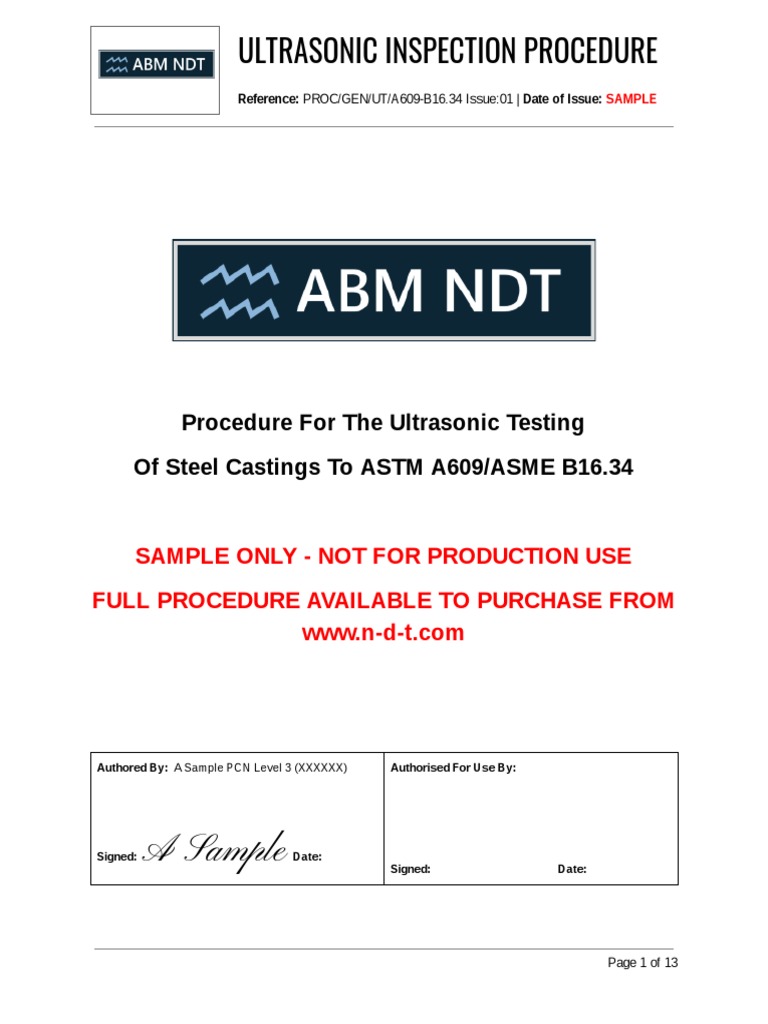 Sample Procedure For The Ultrasonic Testing of Steel Castings To ASTM ...