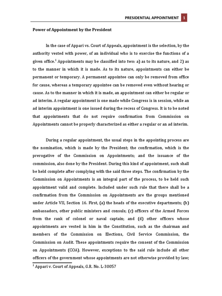 Presidential Appointment Power of Appointment by The President | PDF ...