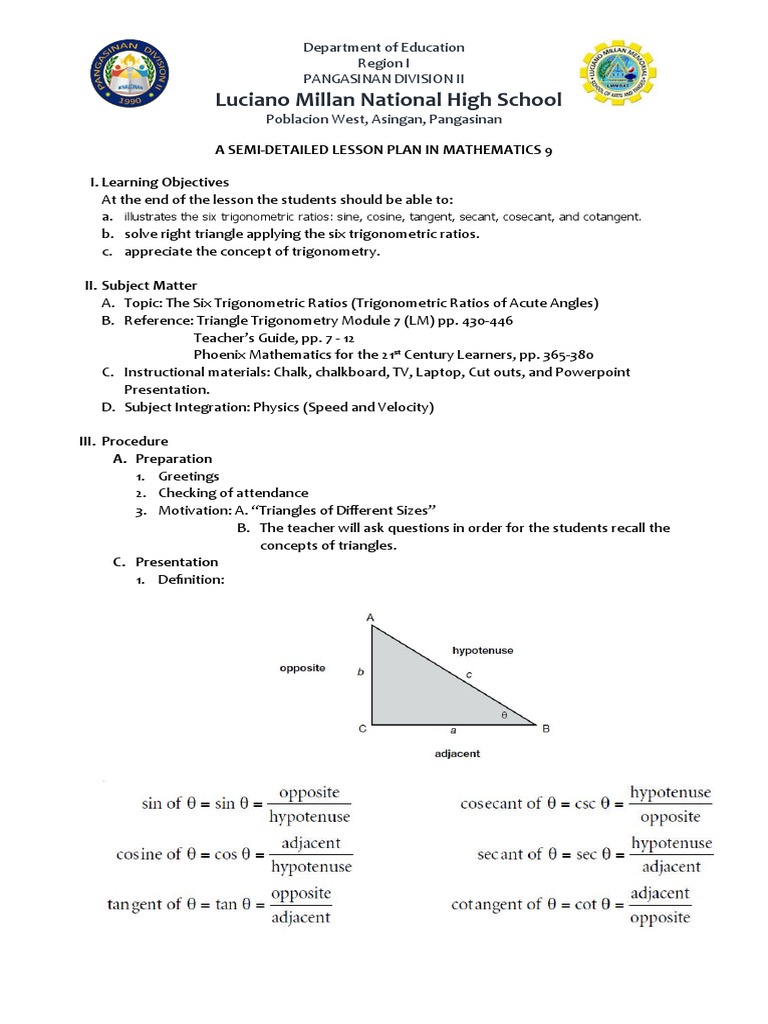 Trigonometric Ratios Lesson Plan | PDF | Trigonometric Functions ...
