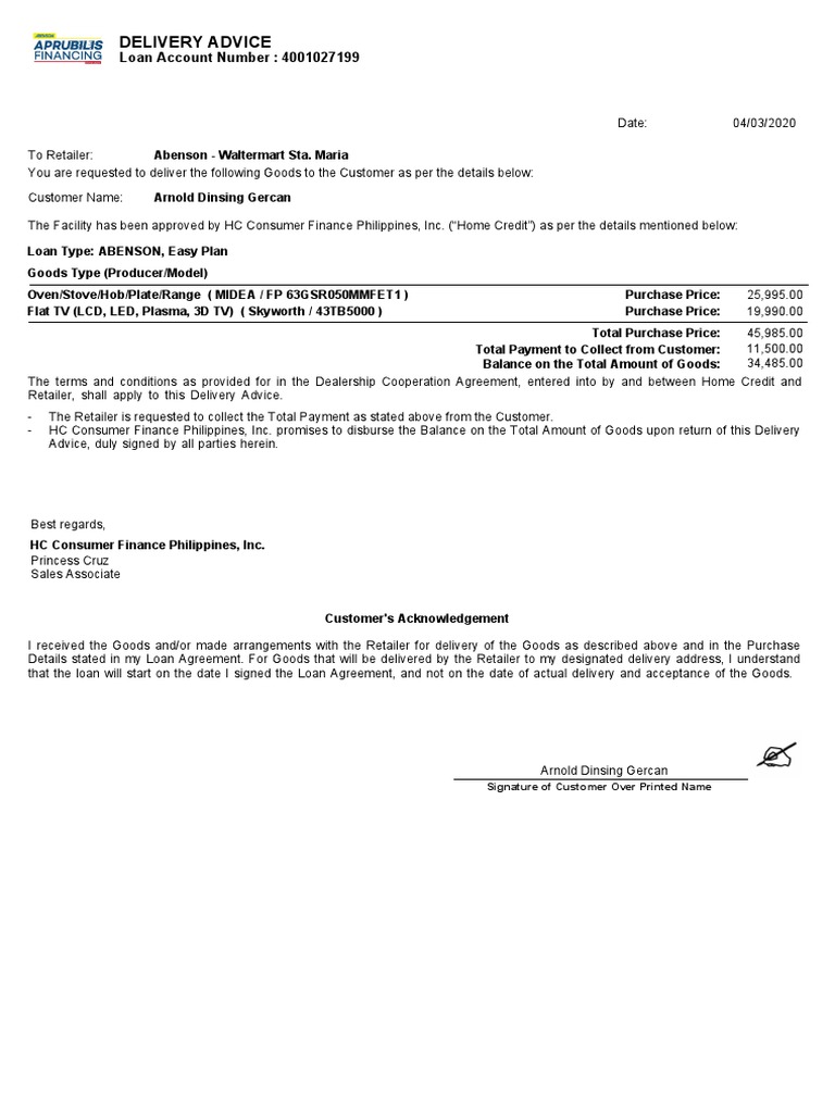 Delivery Advice - 20200323 - 130817 PDF | PDF | Delivery (Commerce ...