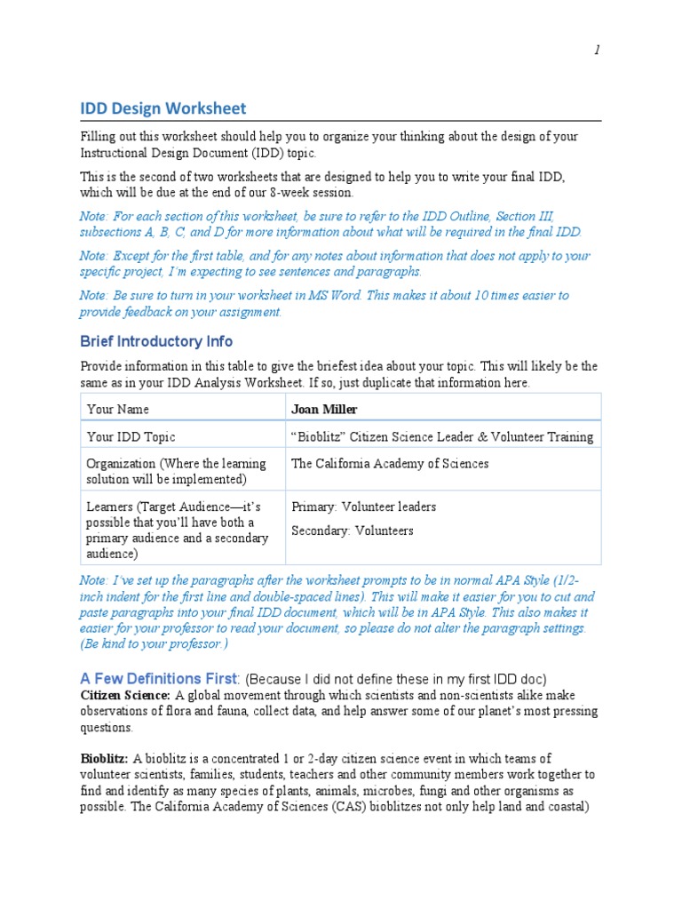 Idd Design Worksheet Joanmiller | PDF | Educational Technology | Learning
