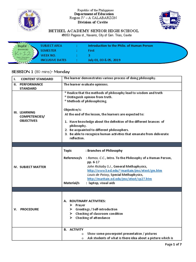 LESSON PLAN IPHP Week 2 Branches of Philo | Download Free PDF ...