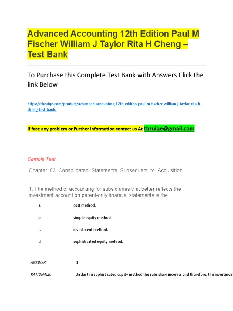Advanced Accounting 12th Edition Paul M Fischer William J Taylor Rita H ...
