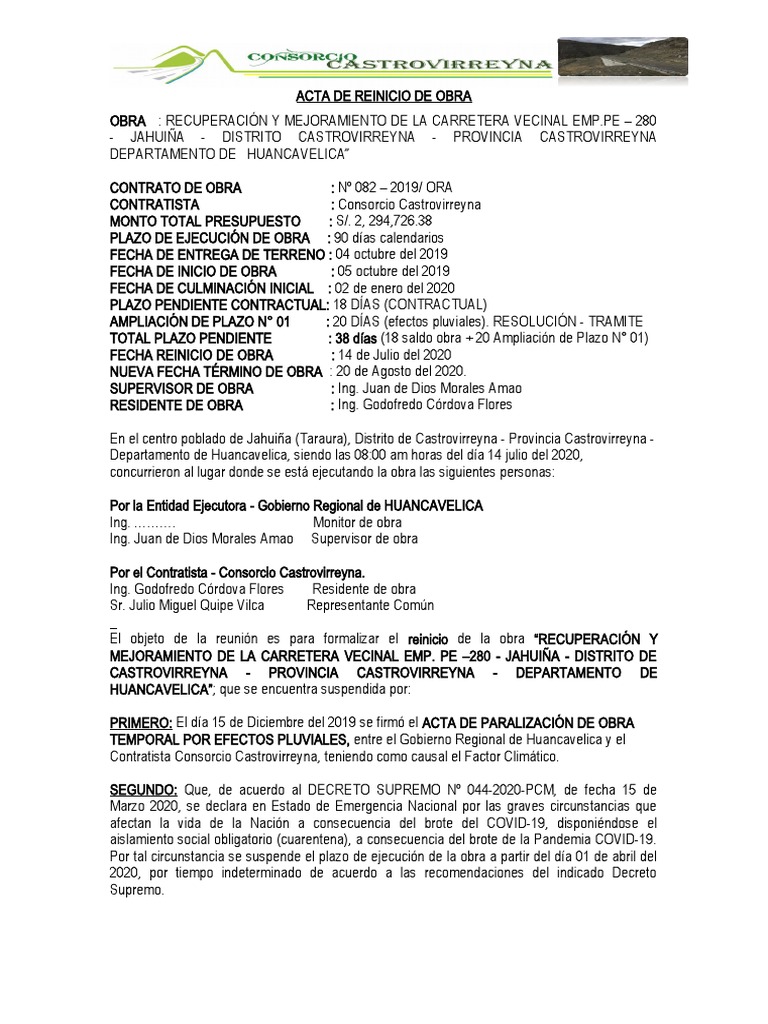 Acta de Reinicio de Obra | PDF | Gobierno | Bienestar