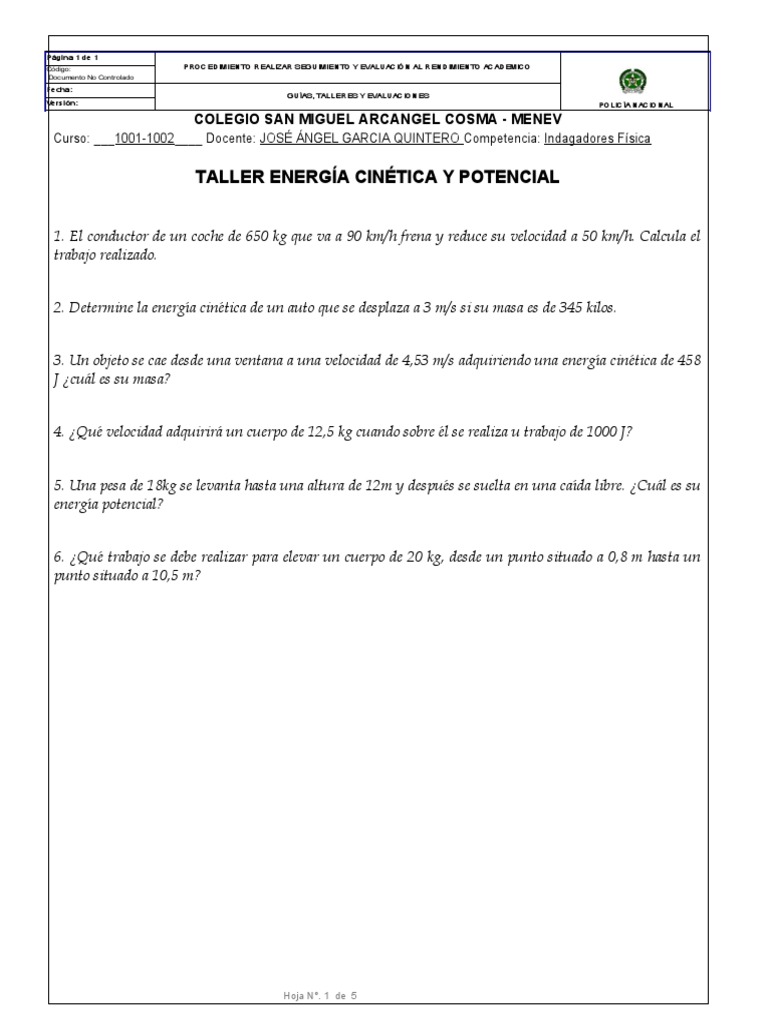 Taller Energía Cinética y Potencial | PDF | Ciencia y matemáticas