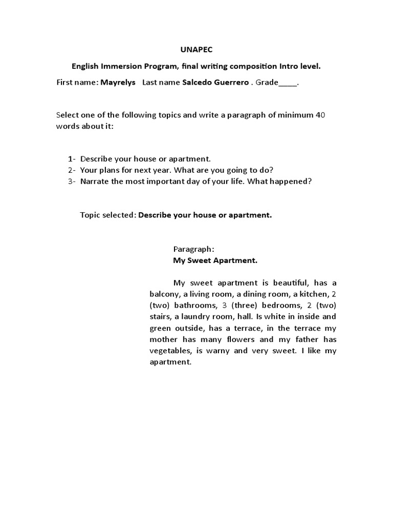 Unapec English Immersion Program, Final Writing Composition Intro Level ...