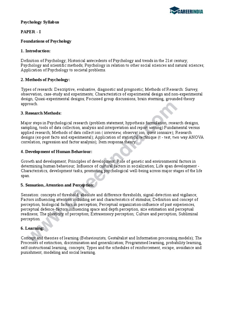 Psychology Syllabus Paper - I Foundations of Psychology | PDF | Mental ...