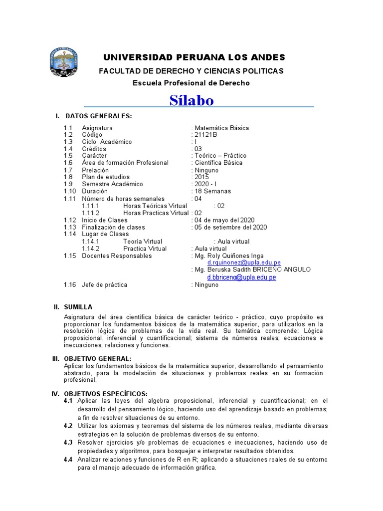 SILABO Matematica Básica 2020-I1 | PDF | Proposición | Ecuaciones