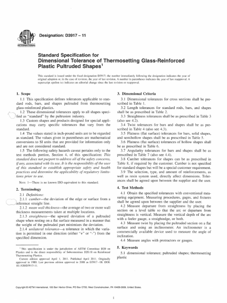 ASTM D3917-11 Dimensional Tolerances Pultruded Shapes | PDF
