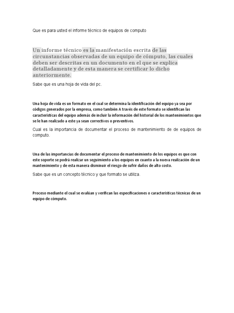 Que Es para Usted El Informe Técnico de Equipos de Computo | PDF
