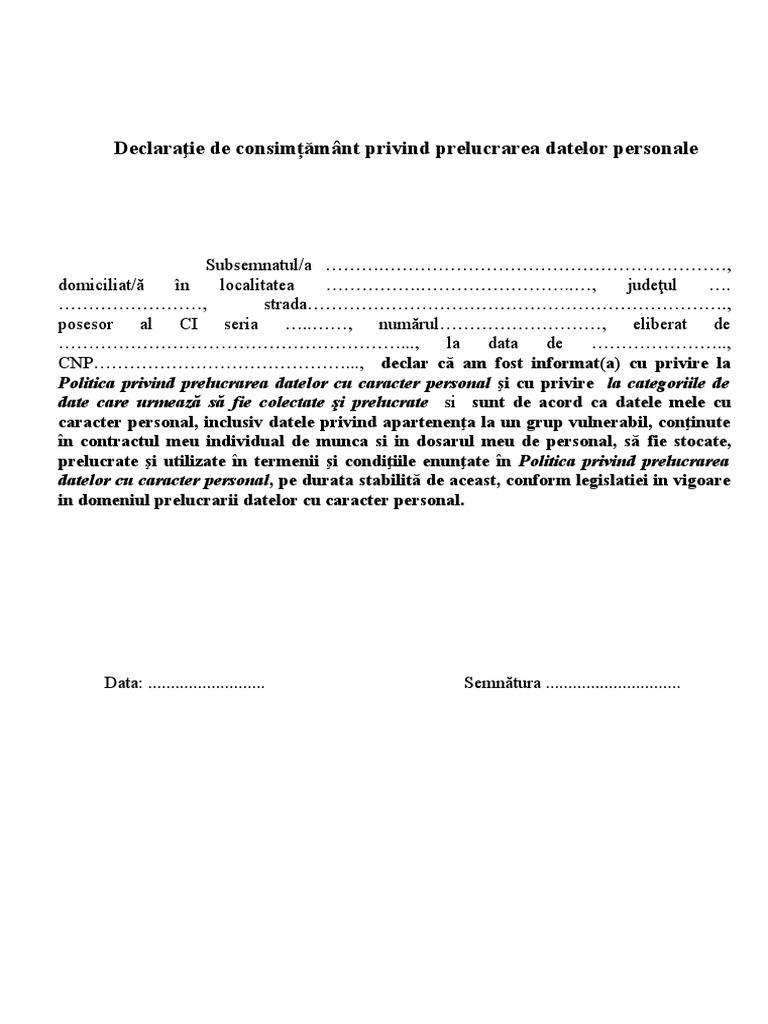 Declaratie Utilizare Date Cu Caracter Personal Model | PDF