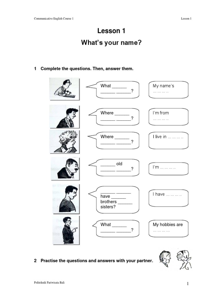 Lesson 1 What's Your Name?: 1 Complete The Questions. Then, Answer Them ...