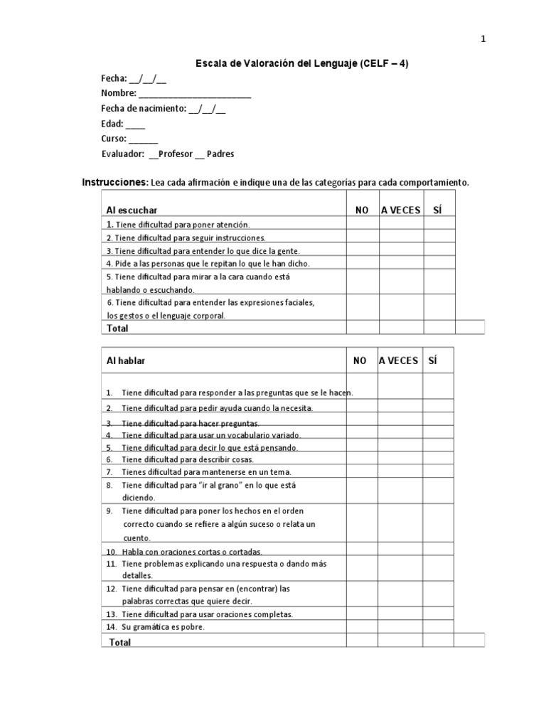 Escala de Valoración CELF-4 | PDF | Artes del Lenguaje y Comunicación