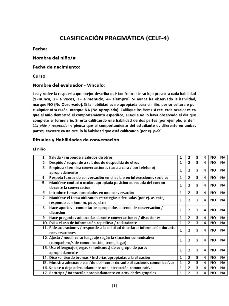 Celf 4 Clasificación Pragmática | PDF | Science | Ciencia y Tecnología