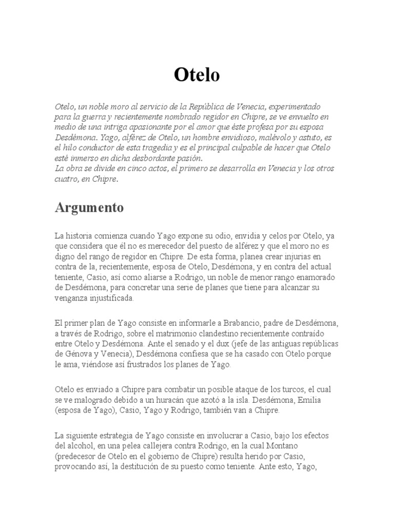 Resumen de Otelo | PDF | OTELO | Tragedias de Shakespeare