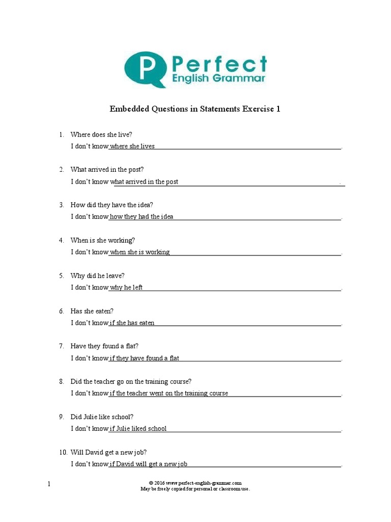 Embedded Questions in Statements Exercise 1: May Be Freely Copied For ...