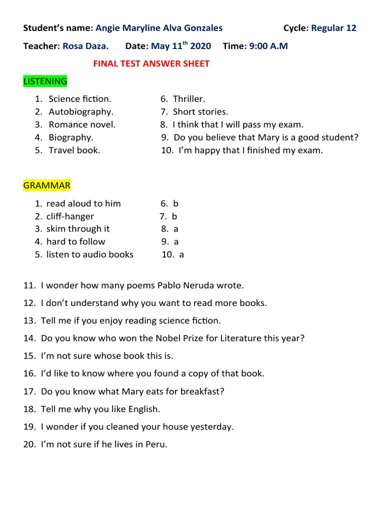 FINAL TEST ANSWER SHEET Regular 12 | PDF