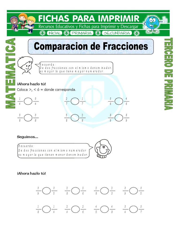 Ficha Comparacion de Fracciones para Tercero de Primaria | PDF