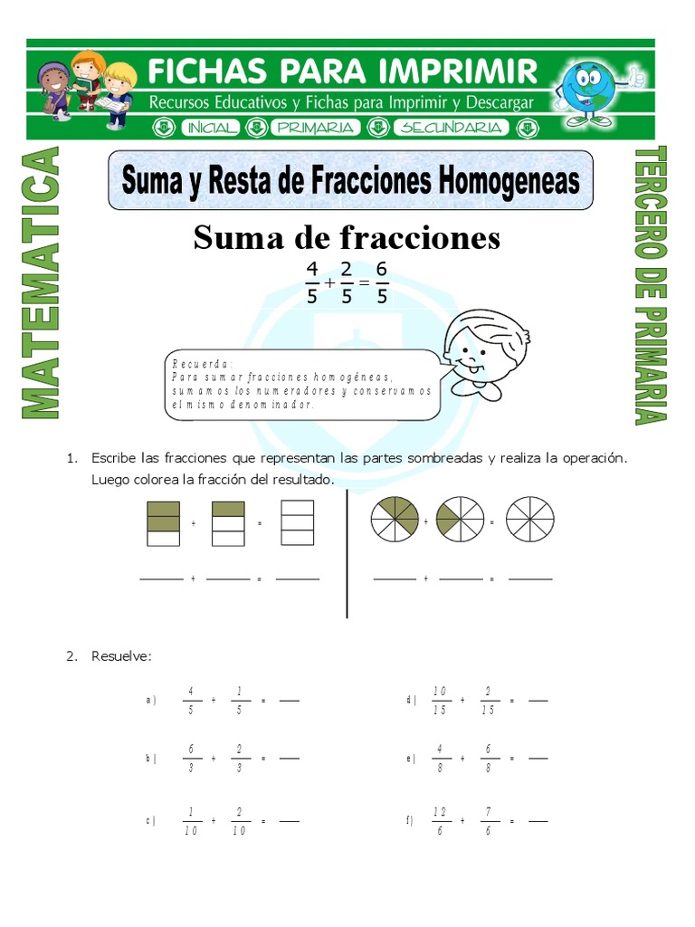 Hoja De Trabajo Para Restar Fracciones
