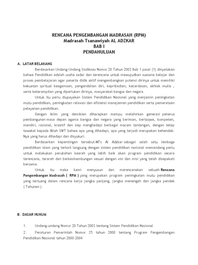 Rencana Pengembangan Madrasah Contoh RPM | PDF